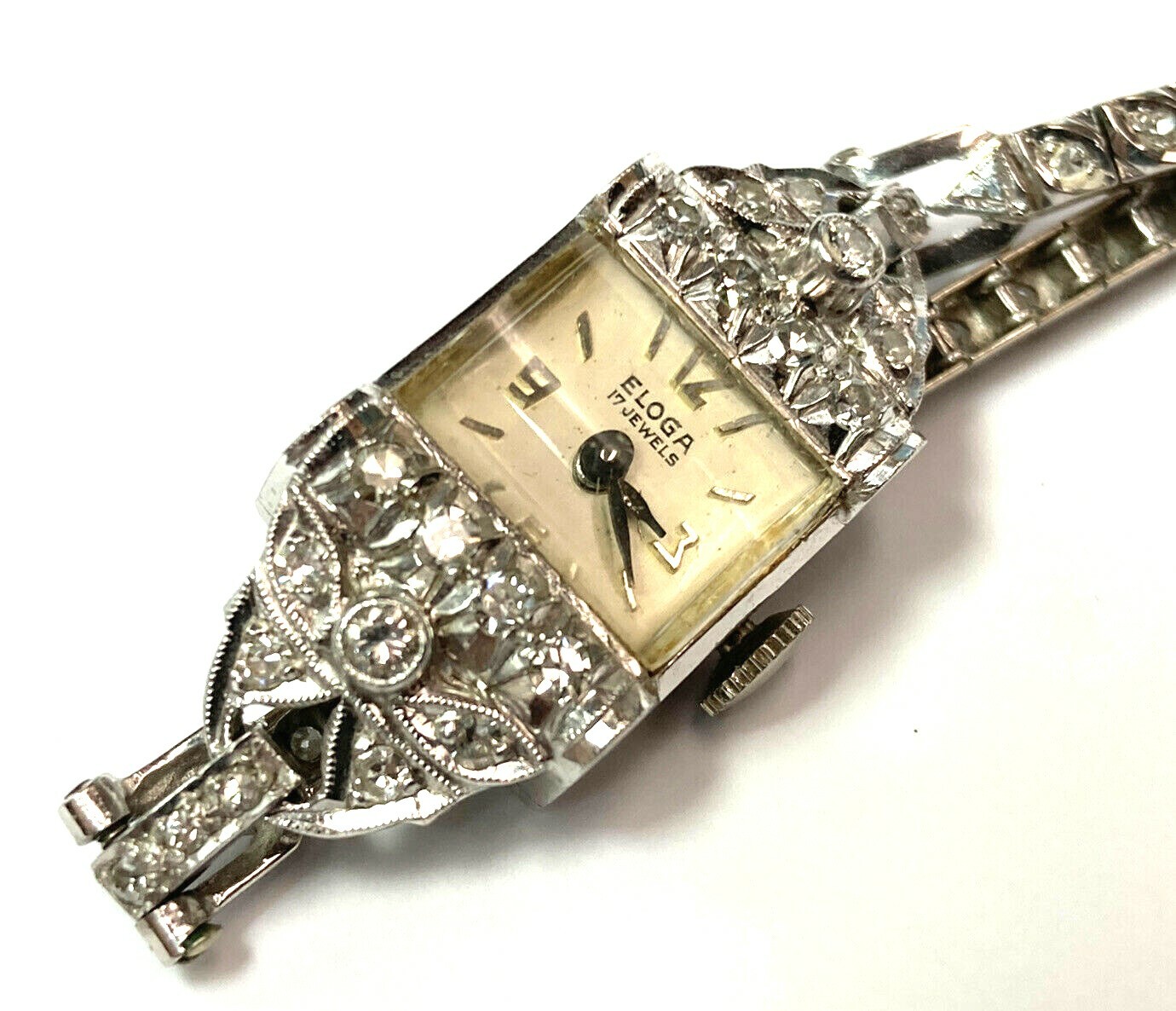 Eloga Solid 14k White Gold Art Deco Ladies Diamond Wrist Watch | eBay