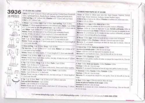 Simplicity Sewing Pattern 3936 18" Girl Dolls American | eBay