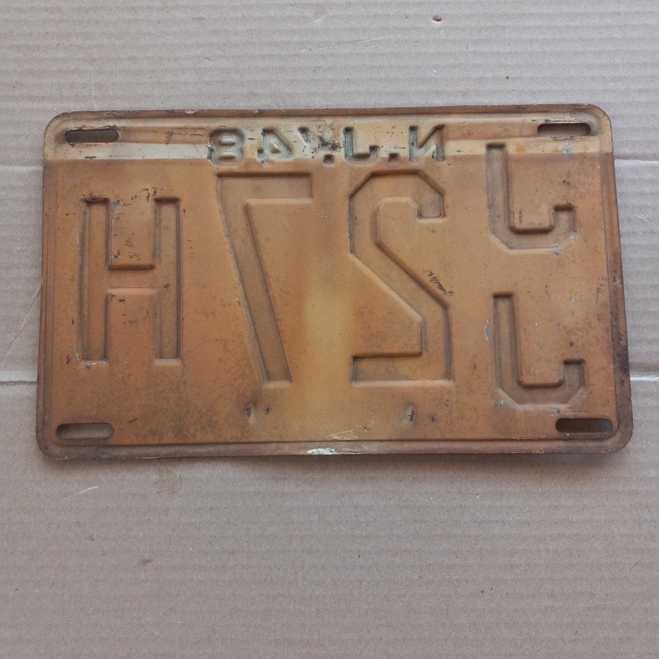 1948 New Jersey License Plate - "27H" JJ N.J. '48 (black on tan-brown ...