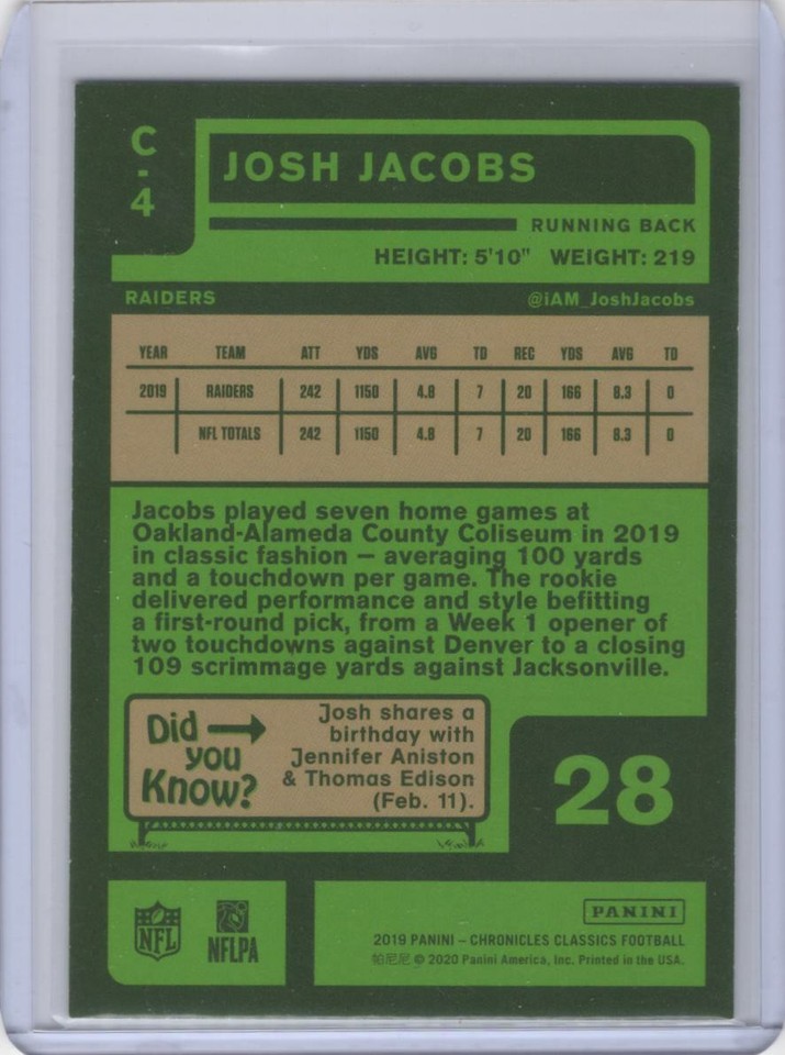 2019 Panini Chronicles Football JOSH JACOBS Classics Rookie Card | eBay