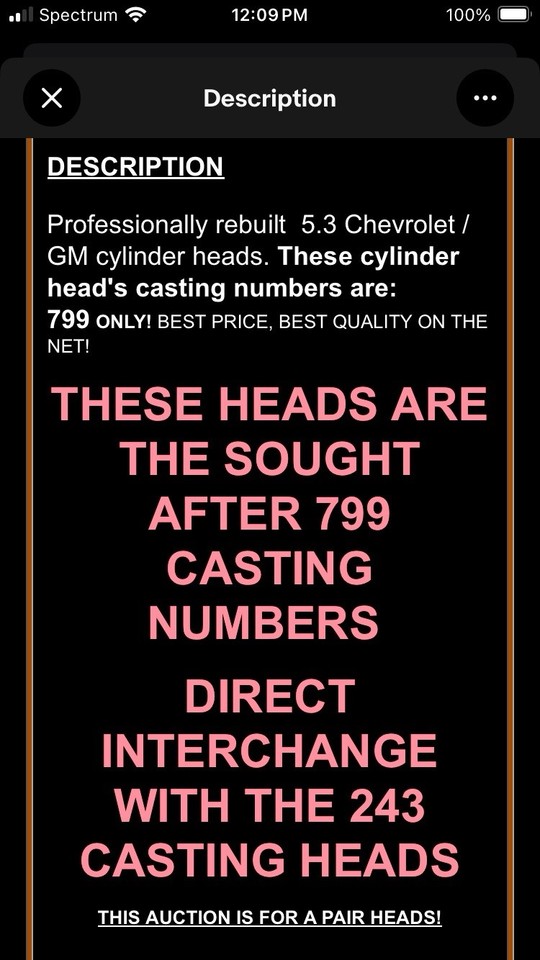 REBUILT PAIR 5.3 GM GMC CHEVY CYLINDER HEADS 799 CASTING NUMBER LS2 LS6 ...