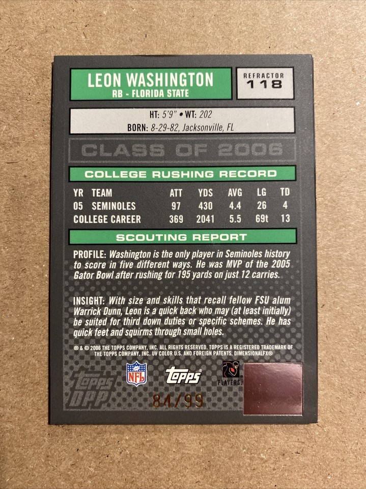 2006 Topps Draft Picks and Prospects DDP /99 Leon Washington #118 ...