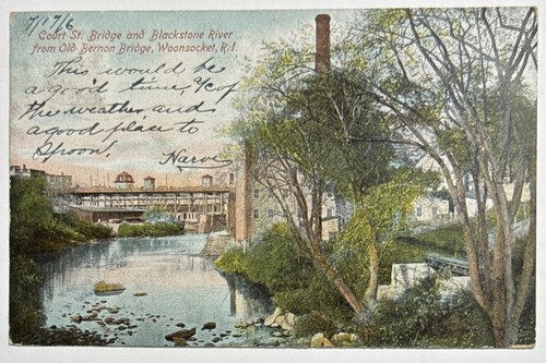 Court St Bridge & River from Old Bernon Bridge Woonsocket RI Antique ...