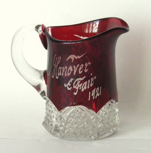 Ruby Red Flash Cut Etched Antique Souvenir Handled pitcher "Hanover ...