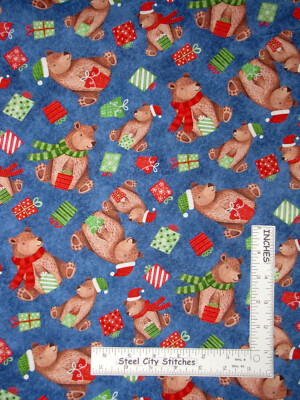 Christmas Fabric Teddy Bear Presents Blue Toss Cotton Northcott Bearly ...