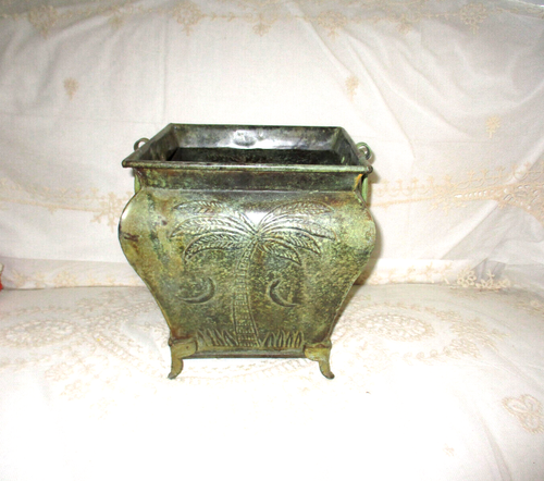 Vintage Ornate Metal Waste Basket /Trash Can Green w Palm Tree Design ...