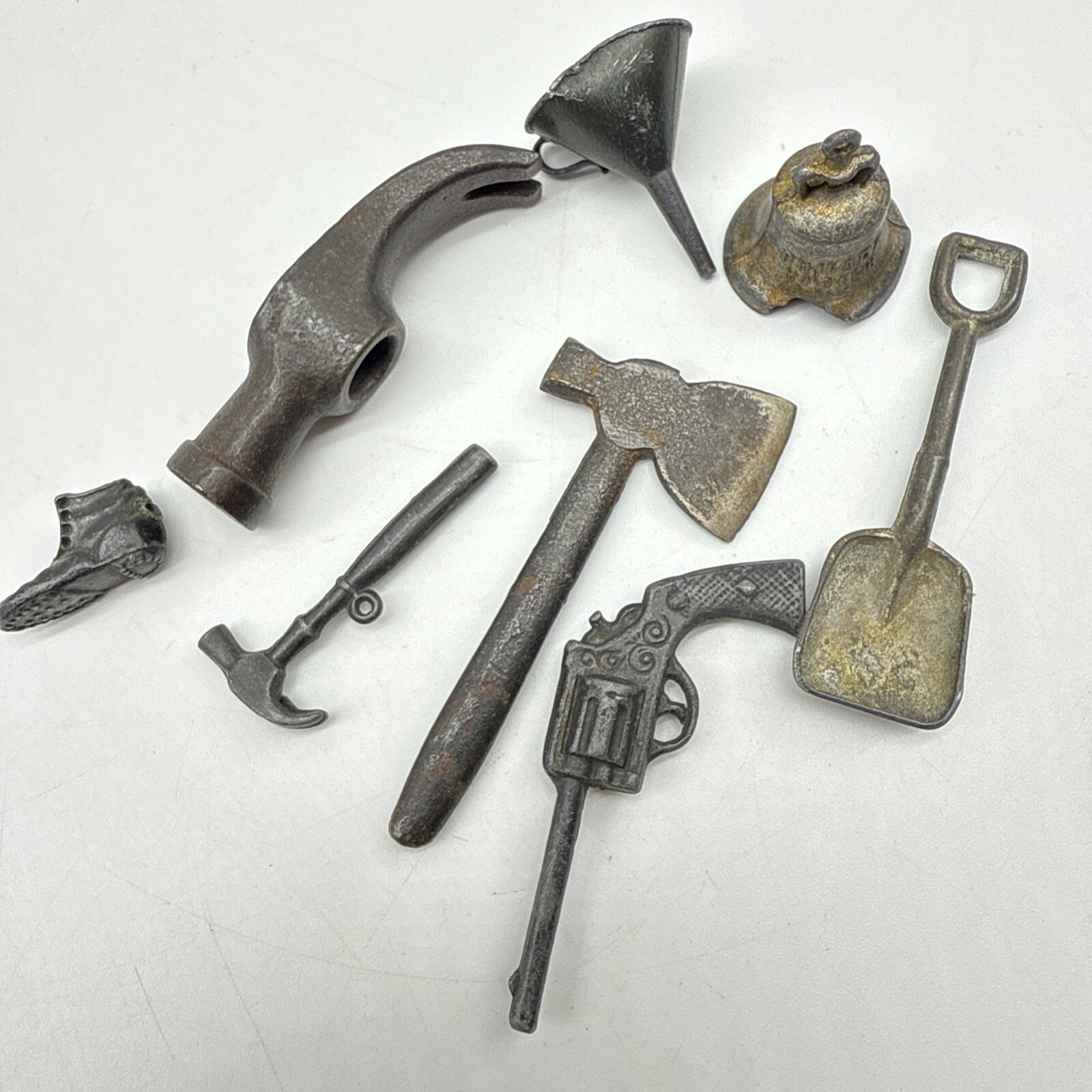 Antique Miniature Cast Iron Tool Lot With Hatchet Axe Hammer Gun & More ...