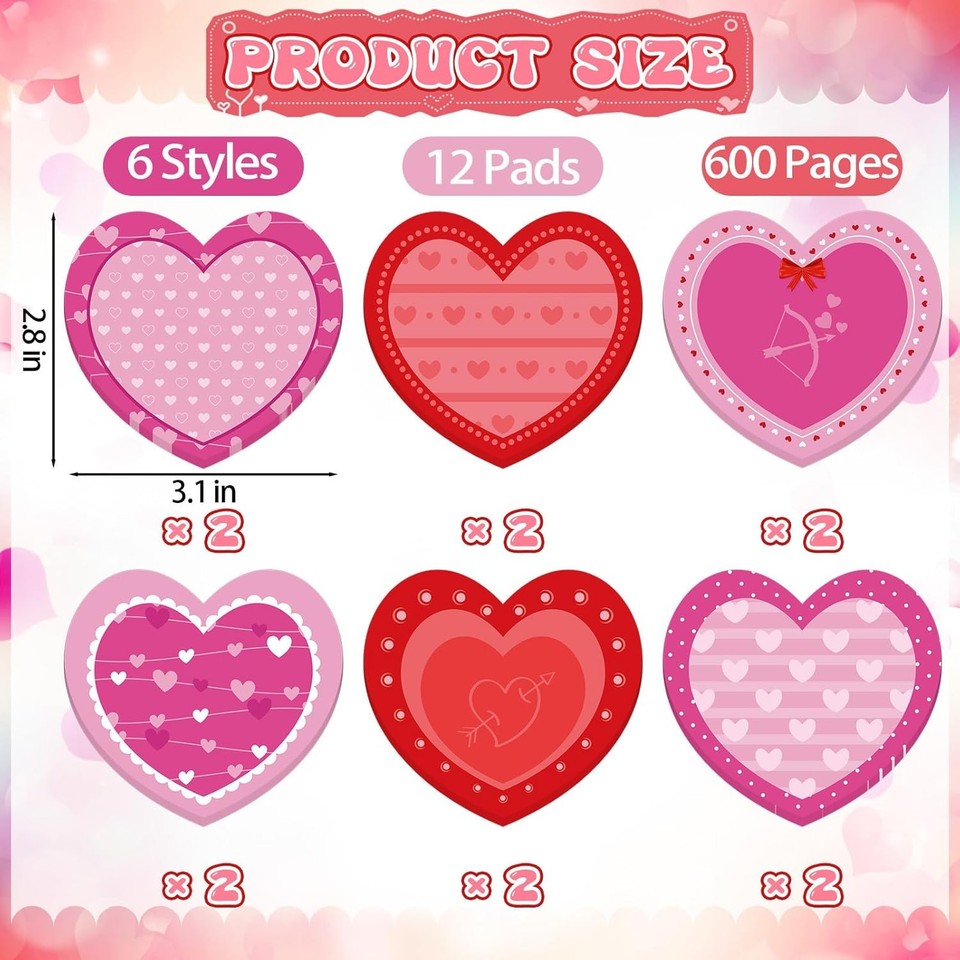 600Pcs Valentine's Day Sticky Notes, Sweet Heart Shape Memo Pads ...