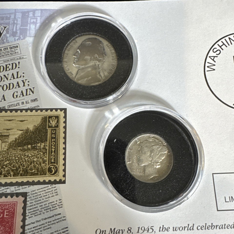 WWII 60th Anniversary V-E Day Stamp & Coin Set 1945 Nickel Dime Limited ...