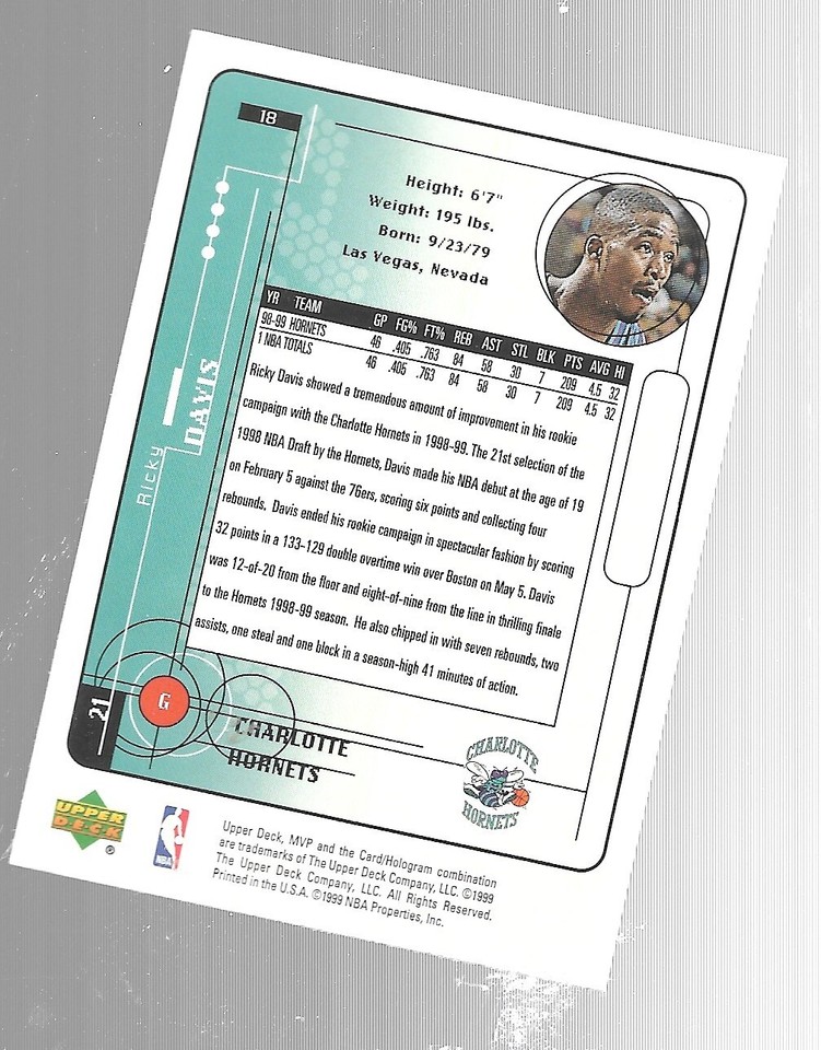 1999/2000 Upper Deck MVP Ricky Davis Charlotte Hornets 21 Basketball | eBay