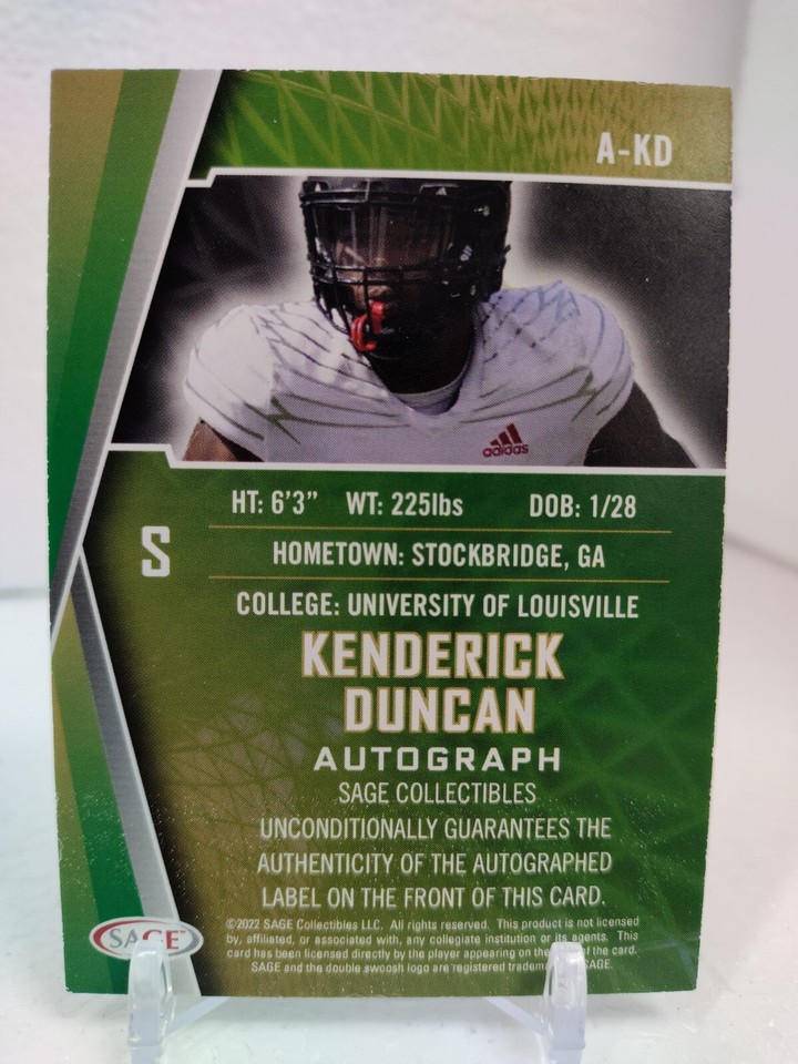 KENDERICK DUNCAN AUTO 2022 Sage Football A-KD Louisville Cardinals ...