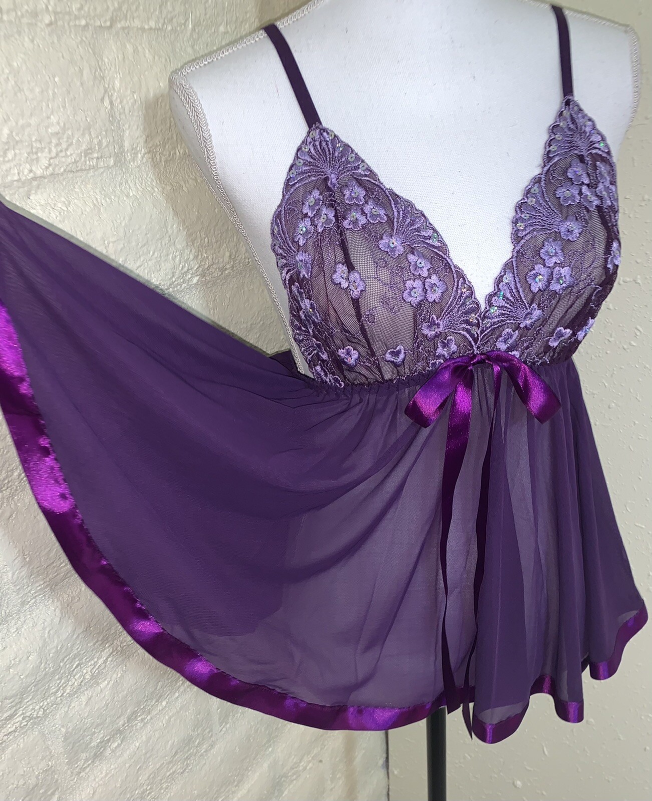 Risque Ribbon and Lace Lingerie Babydoll Top Purple W… - Gem