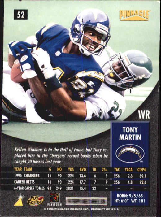 1996 Pinnacle Premium Stock San Diego Chargers Football Card #52 Tony ...