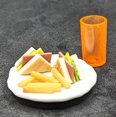 Dollhouse Miniature Ham Cheese Sandwich & Fries on Ceramic Plate Prop 1 ...