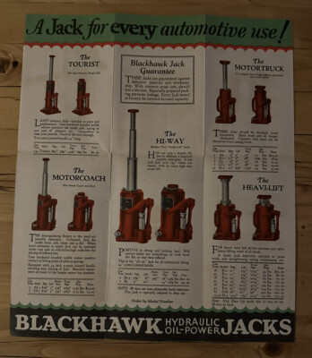 VINTAGE 1930’s BLACKHAWK AUTOMOTIVE HYDRAULIC JACK BROCHURE WITH FOLD ...