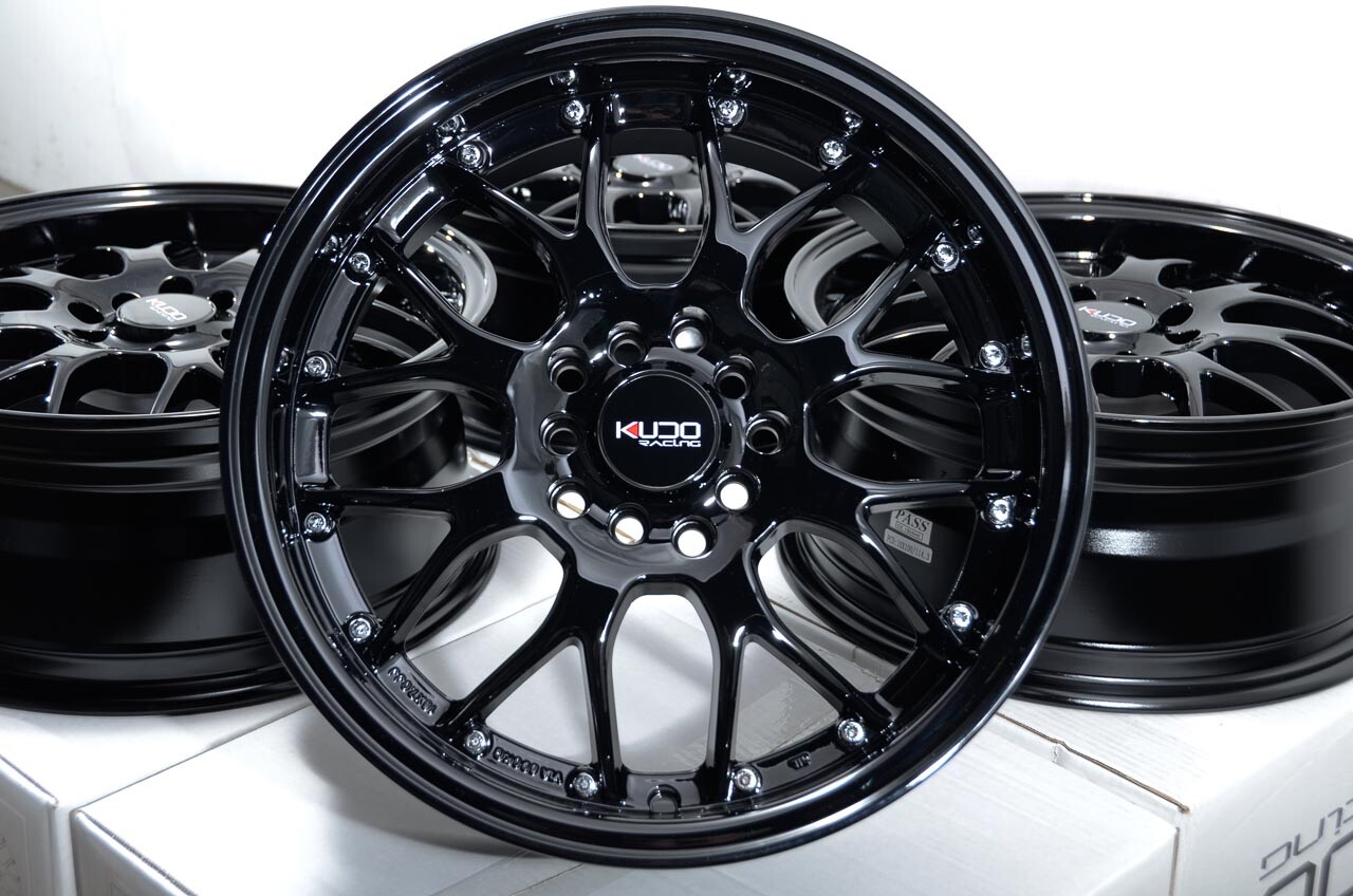 Kudo Racing Z16 16x7 5x100 5x114.3 +38mm Full Black w/Chrome Rivets ...