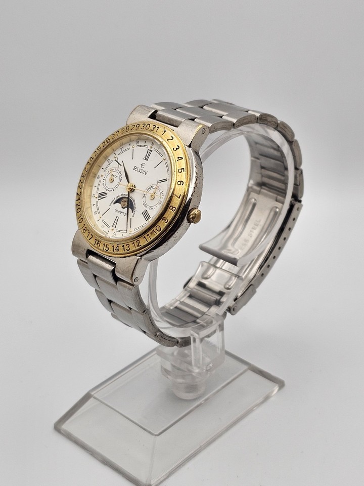 Vintage Rare 90s Elgin Mens WR Moonphase Daydate Silvertone Gold Bezel ...