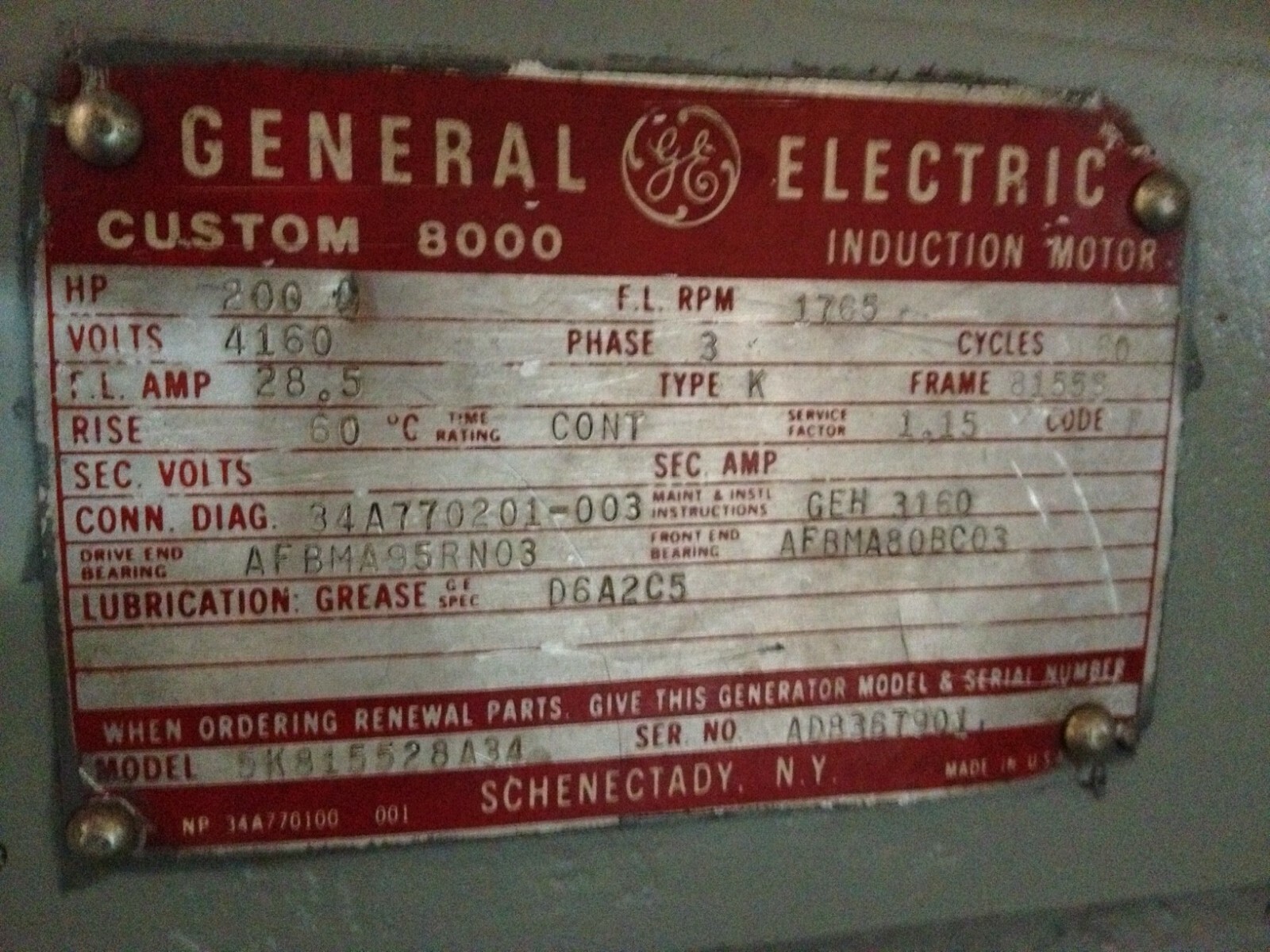 GE Induction Motor, 200 HP, 4160V, 1765RPM | eBay