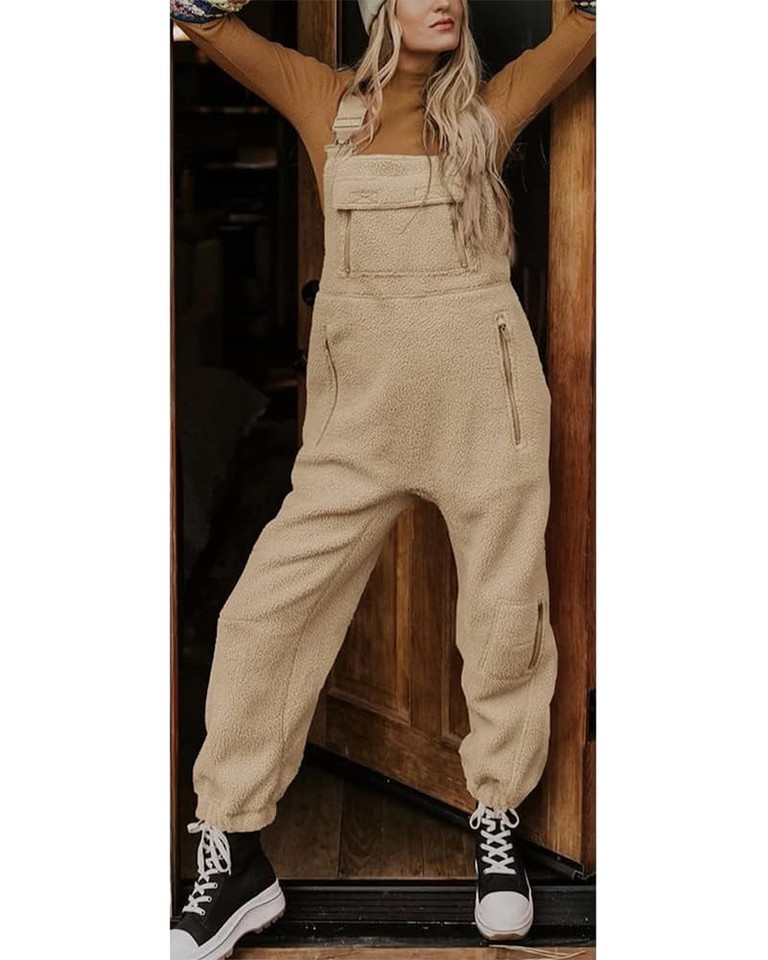Women's Fuzzy Fleece Overall Adjustable Strap Warm Winter Bib Overalls ...