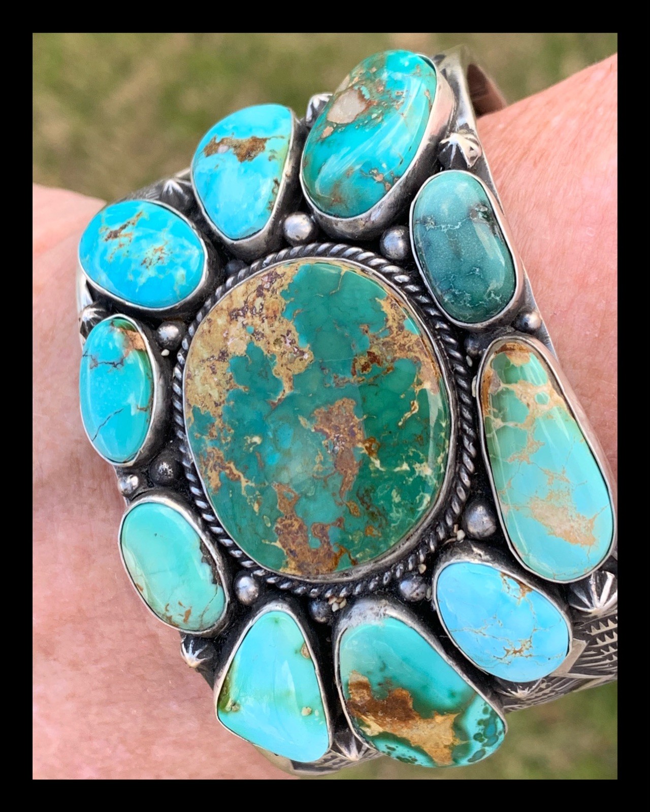NAVAJO~HUGE ~BLUE ~GREEN ~ROYSTON TURQUOISE~STAMPED ~SS~BRACELET~DARRELL CADMAN | eBay
