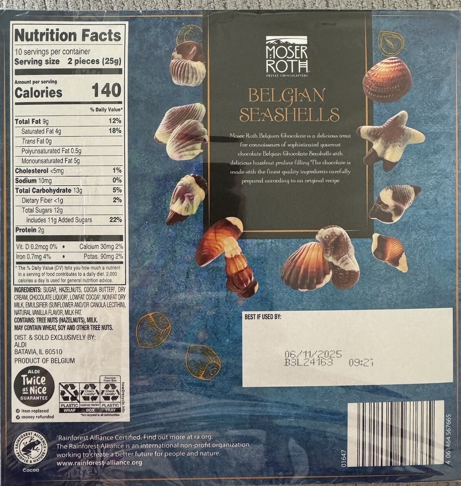 Moser Roth Belgian Seashells Chocolates , Hazelnut Praline Filling, 8.8 ...