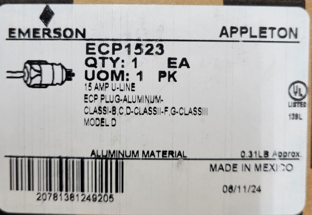 Appleton ECP1523 125vac 15a 3p Nema 5-15p Plug Brand New In Original Box | eBay