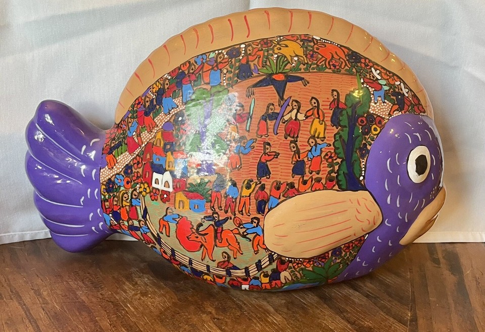 Vintage Mexico Amate Fish, mexican folk art, LARGE, 13" Pottery ...