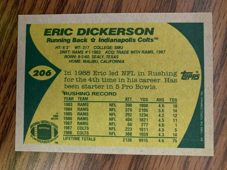 1989 Topps #206 Eric Dickerson Indianapolis Colts NrMt | eBay