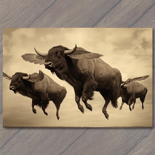 POSTCARD: Majestic Buffalos Soar Sky with Graceful Wings Flying Bison 🌈 ...