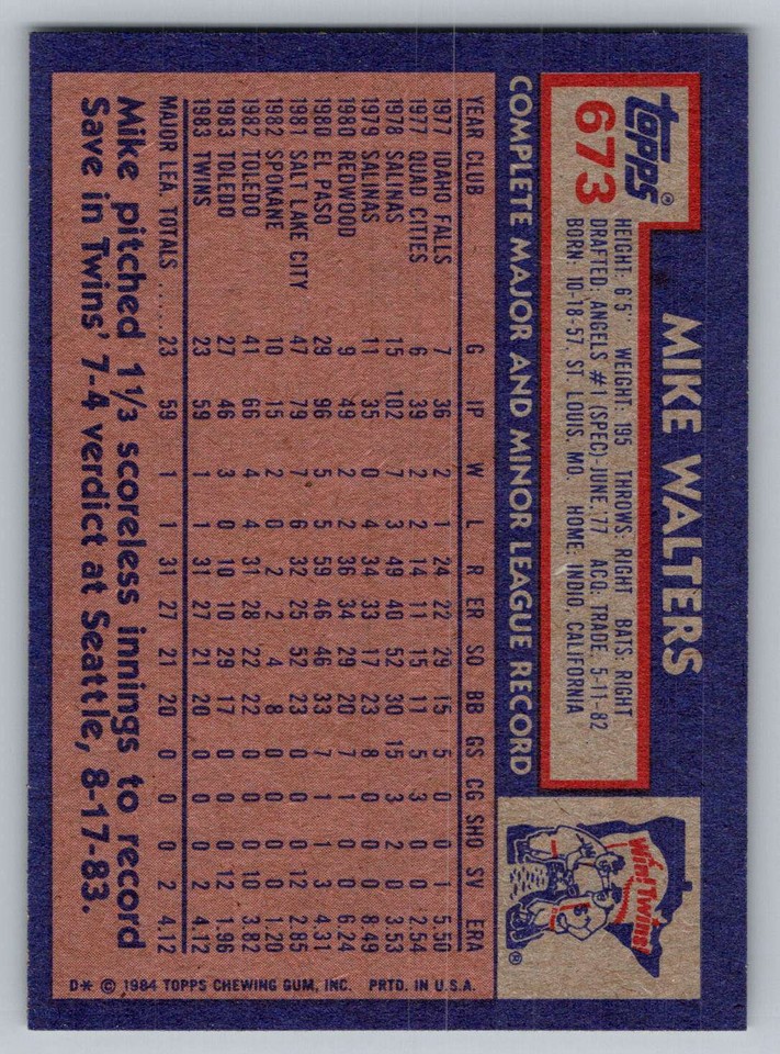 1984 Topps #673 Mike Walters Minnesota Twins | eBay
