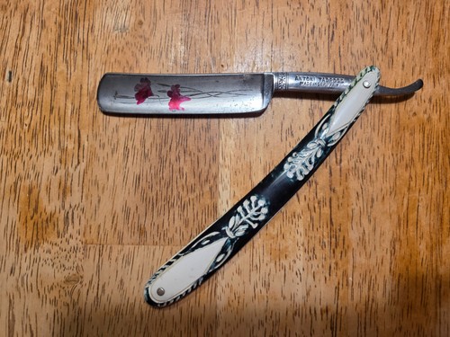 Antoni Tadross Straight Razor With Figural Celluloid Scales and Floral ...