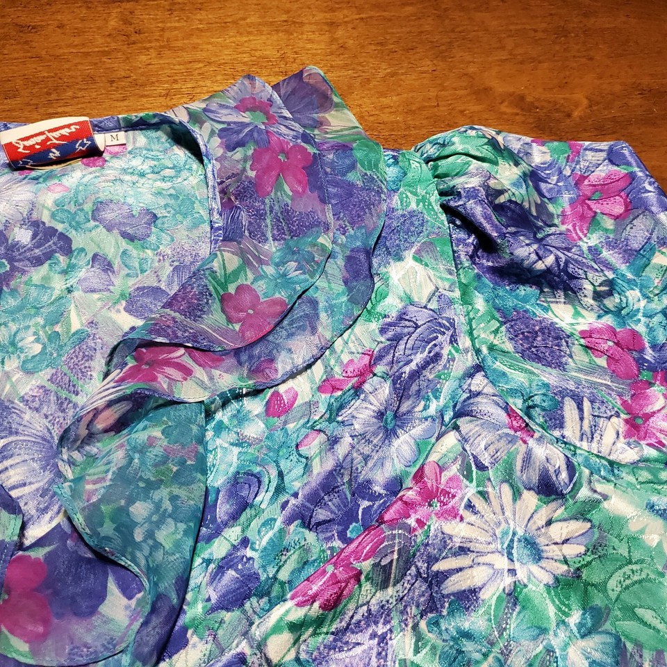 Womens Vintage Size Medium Blouse Blue Floral Puff Sleeves Ruffle SUSAN ...