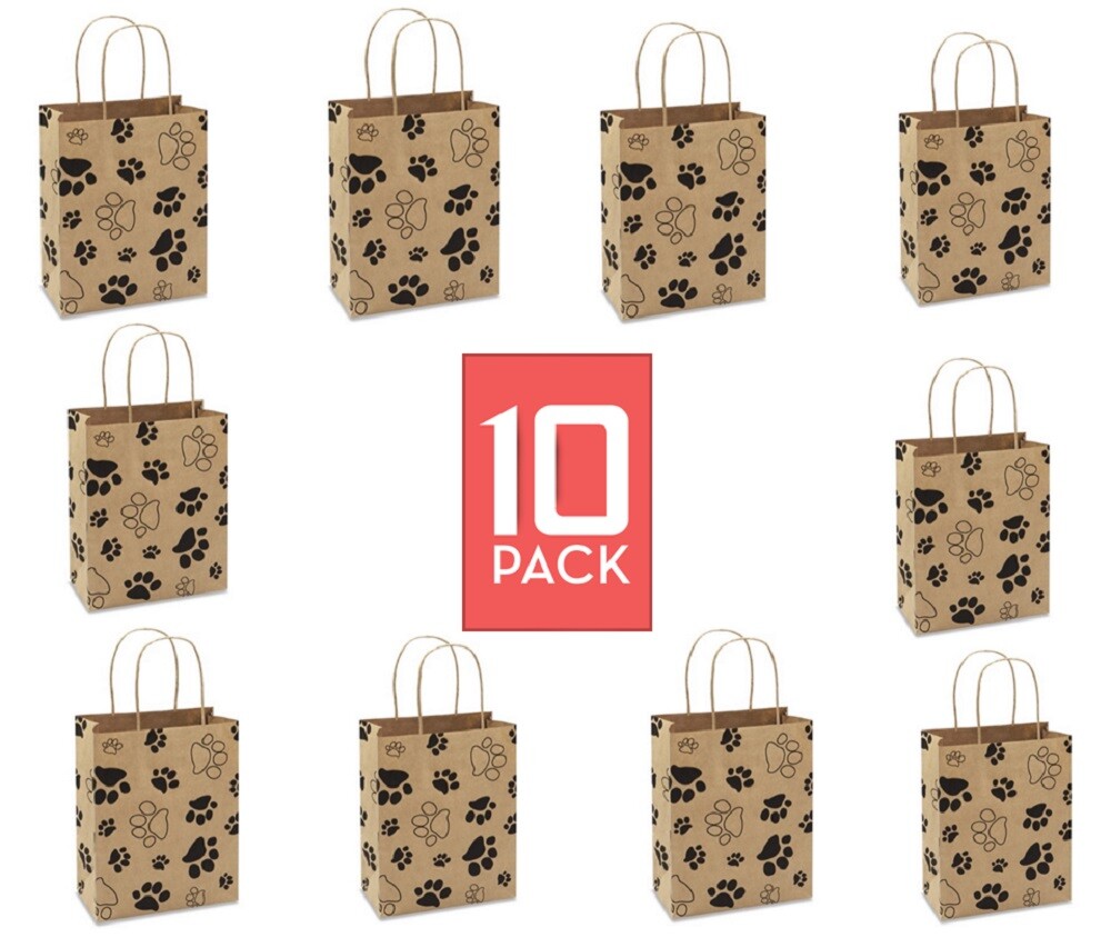 10 Paw Print - Printed Kraft Paper Cub Shopping Bags w Handles Brown w ...
