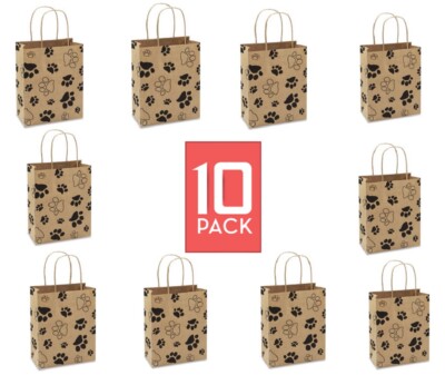 10 Paw Print - Printed Kraft Paper Cub Shopping Bags w Handles Brown w ...
