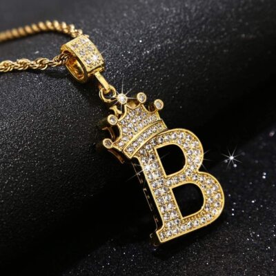 Gold Plated Cubic Zirconia Crown Initial B Pendant & Brass Rope Chain ...