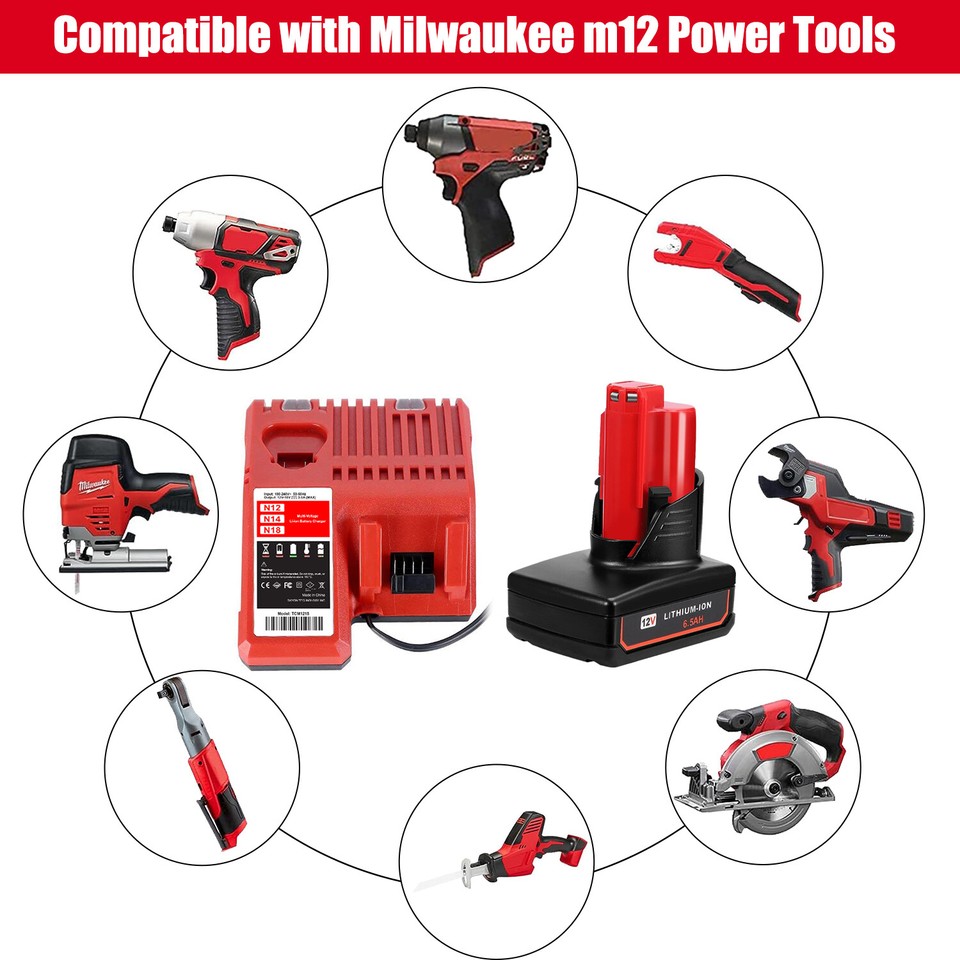 6.5AH for Milwaukee 12V M12 3Ah Lithium-ion Battery and Charger Combo ...