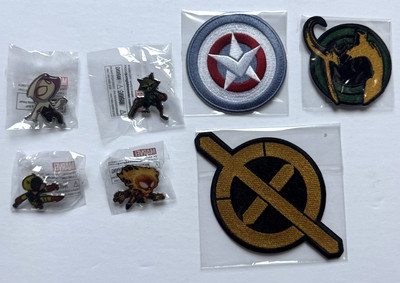 MARVEL UNLIMTED 4 PINS & 3 PATCHES Hellverine, Daredevil, Spider-Gwen ...