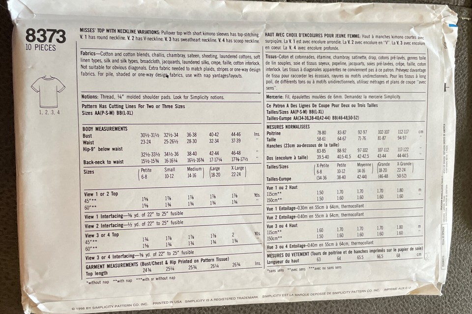 Simplicity 8373 Size AA (PT-MD) 2 Hour Tops Pattern UNCUT 10 Pieces ...