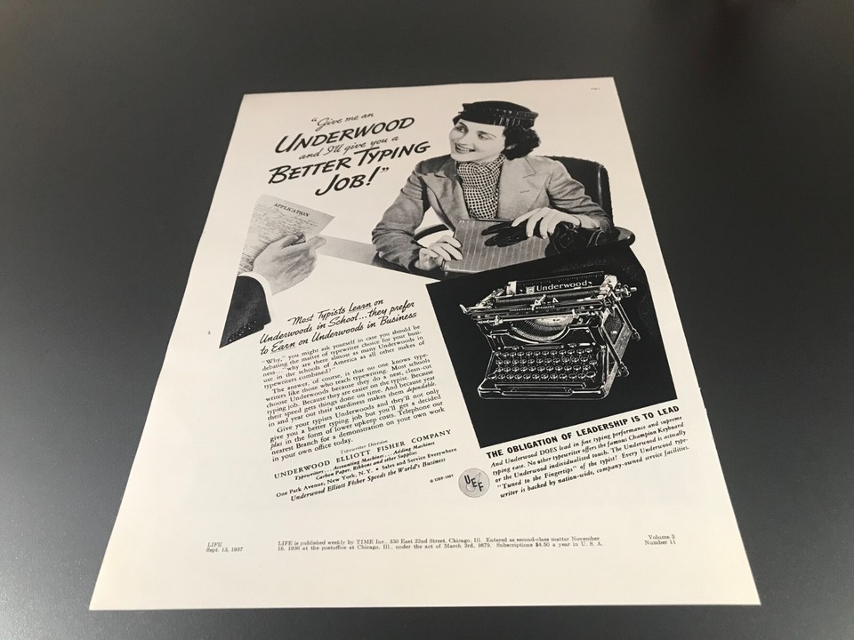 1937 Underwood Typewriter Vintage PRINT AD Typist Lady Job Application ...