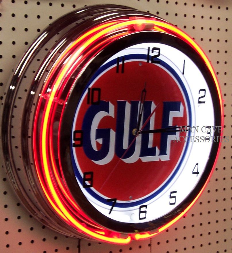 19" GULF Antique Sign Gasoline Motor Oil Gas Station Double Neon Clock ...