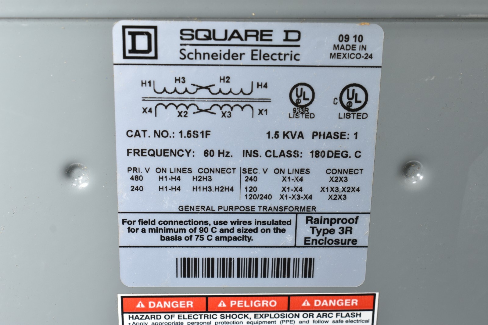 Square-D 1.5S1F, General Purpose Transformer, 1.5 kVA, Phase 1, Pri. V ...