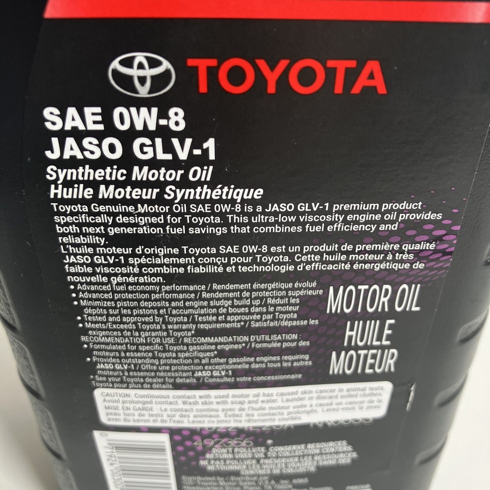 TOYOTA SAE 0W-8 JASO GLV-1 Synthetic Motor Oil 1-Quart Bottle Genuine ...