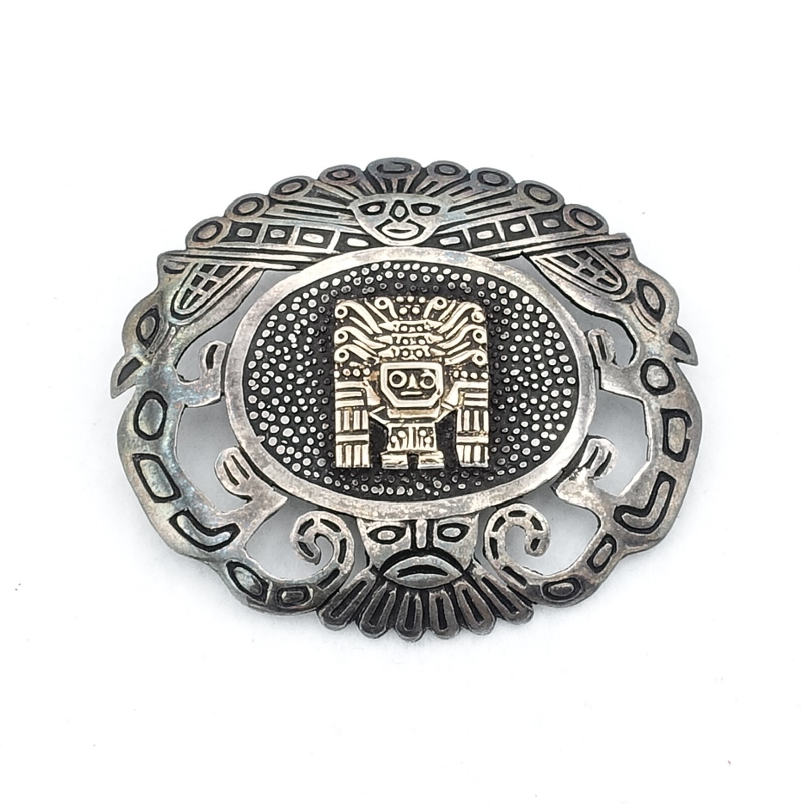 Vintage Peru Aztec Inca God Sterling Silver 925 18K G… - Gem