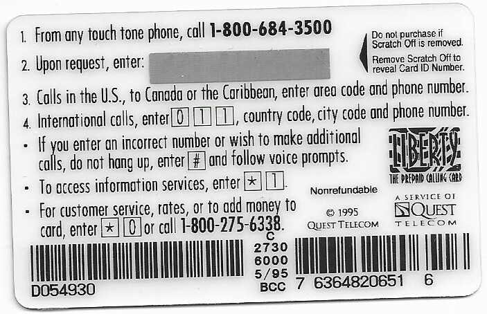 1995 Liberty Calling Card Quest Telecom - 14 Major Brand Logos on front ...