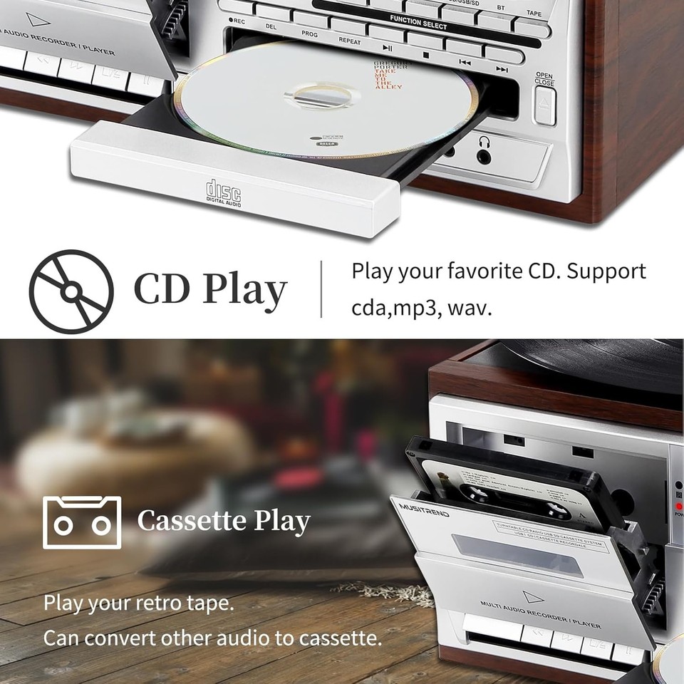 Record Player 9 in 1 3 Speed Bluetooth Vintage Turntable CD Cassette ...