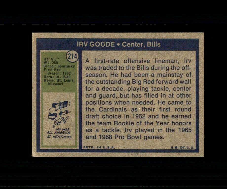 1972 TOPPS FOOTBALL CARD BUFFALO BILLS #214 IRV GOODE | eBay