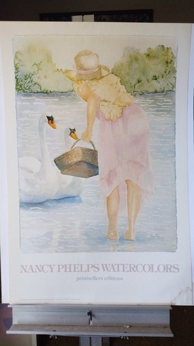 vintage Nancy Phelps lithograph print GIRL FEEDING SWANS 24x36 | eBay