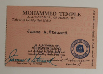 Mohammed Temple AAONMS Peoria Illinois Membership Card Free Mason ...