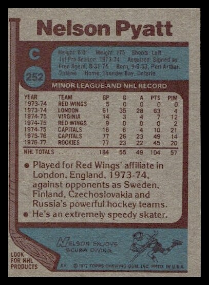 1977 Topps #252 Nelson Pyatt Colorado Rockies Hockey card NM+ | eBay