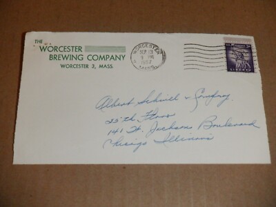 1957 WORCESTER BREWING COMPANY ENVELOPE TO ALBERT SCHWILL MALTING BEER ...
